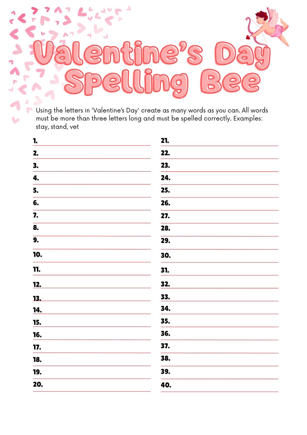 Valentine's Day Spelling Bee Game – Printable Classroom Activity (PDF ...