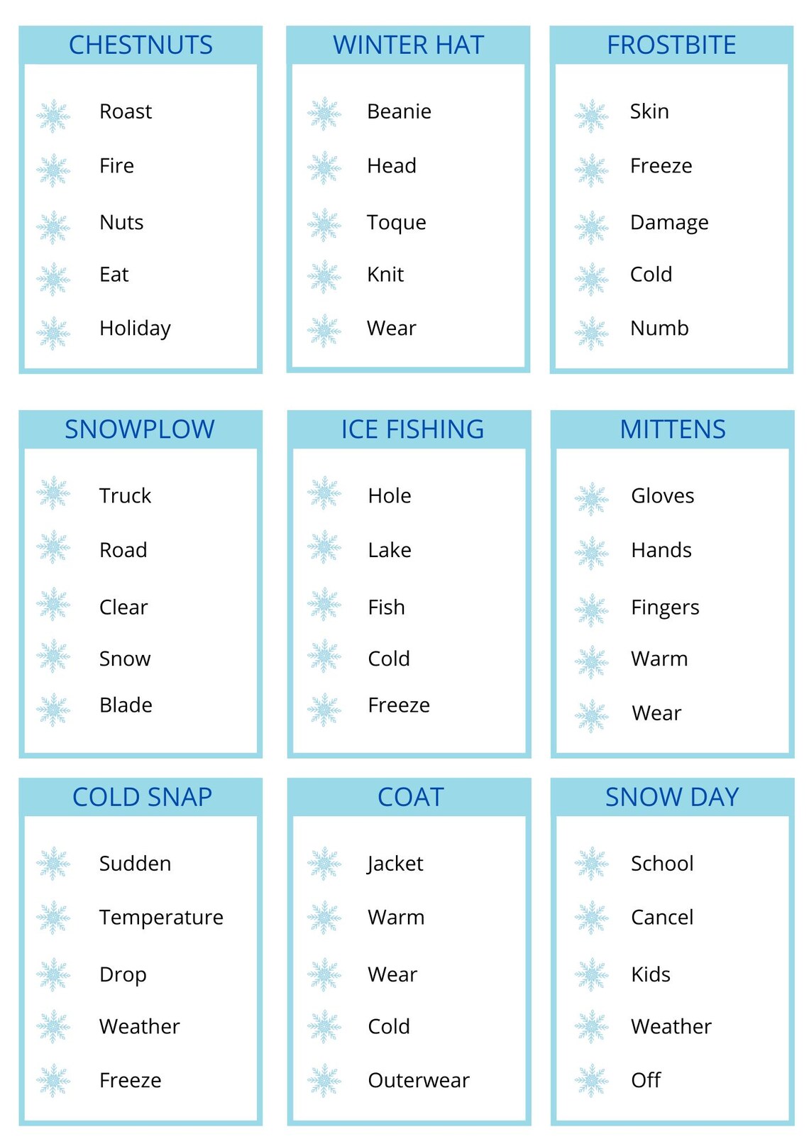 Winter Taboo Game Printable – Family & Kids-friendly Party Game ...