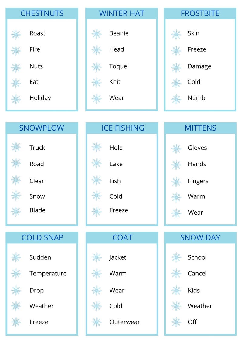 Winter Taboo Game Printable – Family & Kids-friendly Party Game ...
