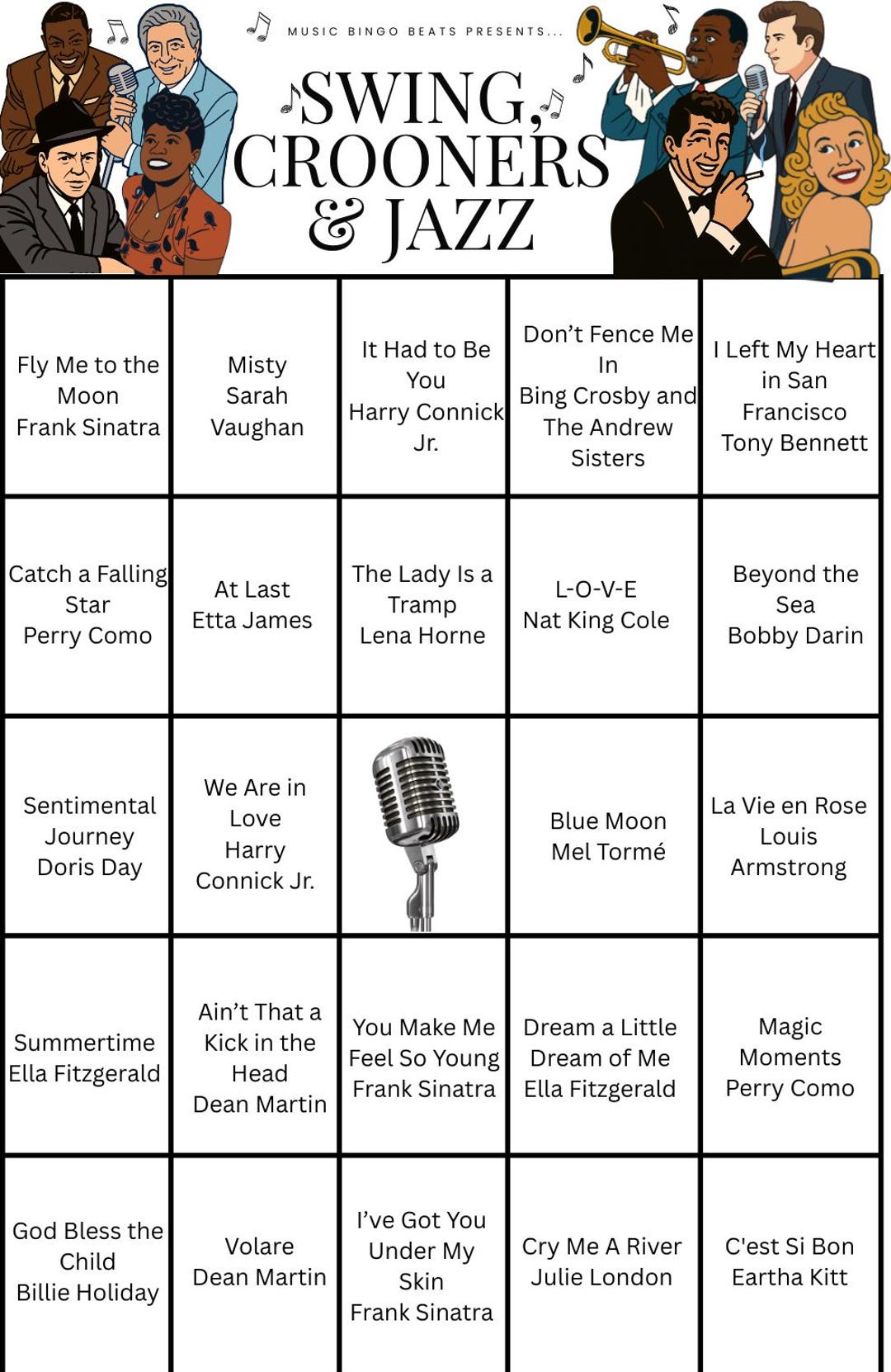 MUSIC BINGO - Swing, Crooners & Jazz, 20 Bingo Cards, Playlist Included ...