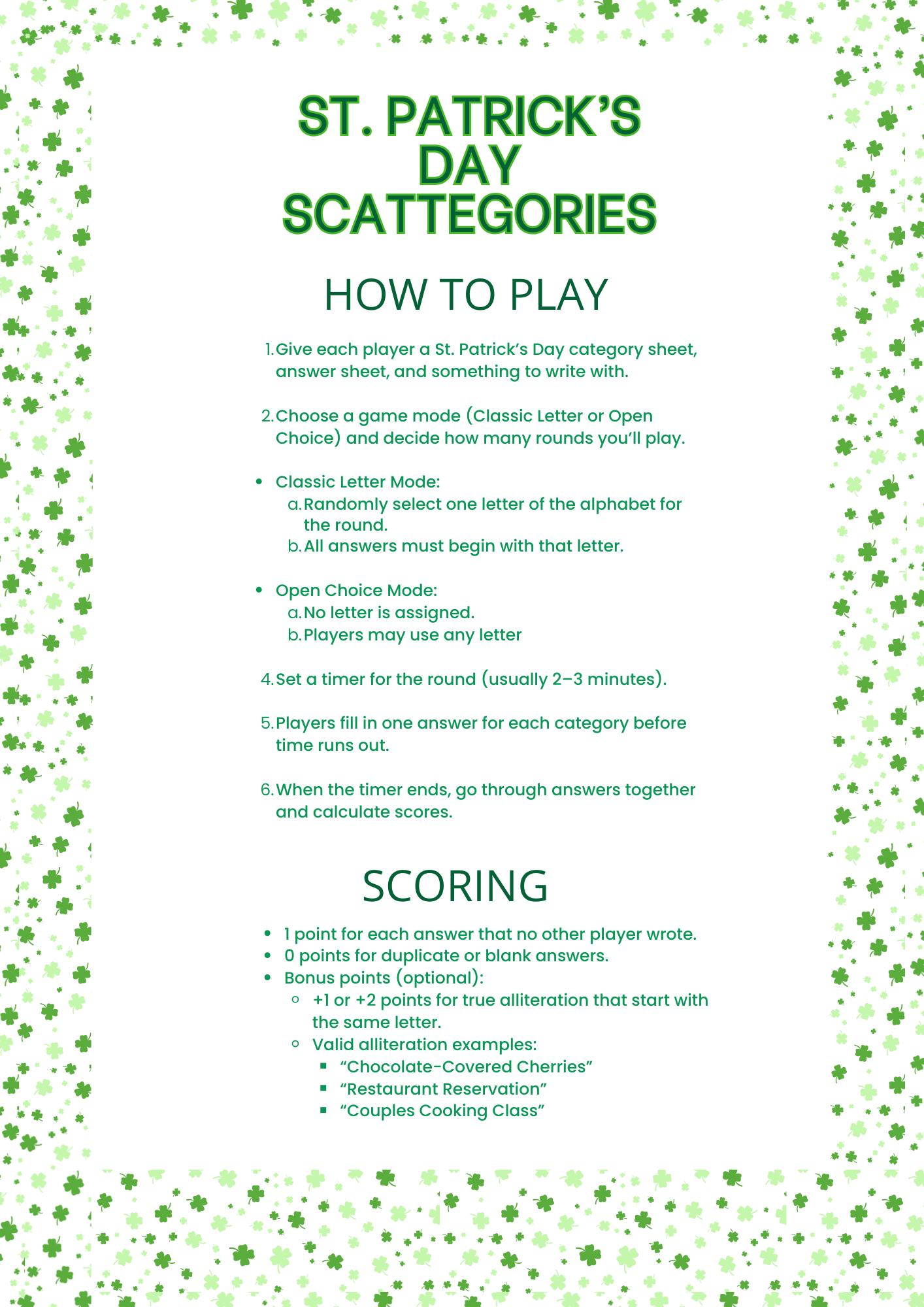 St. Patrick's Day Scattergories Game – Printable Party Activity (PDF ...