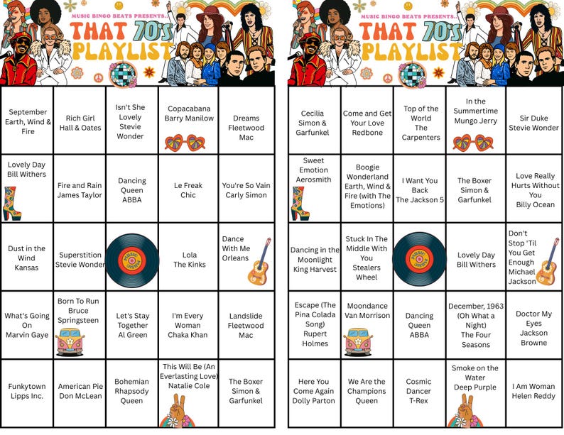 70s Music Bingo Game: 20 Printable Cards, Spotify Playlist (digital ...