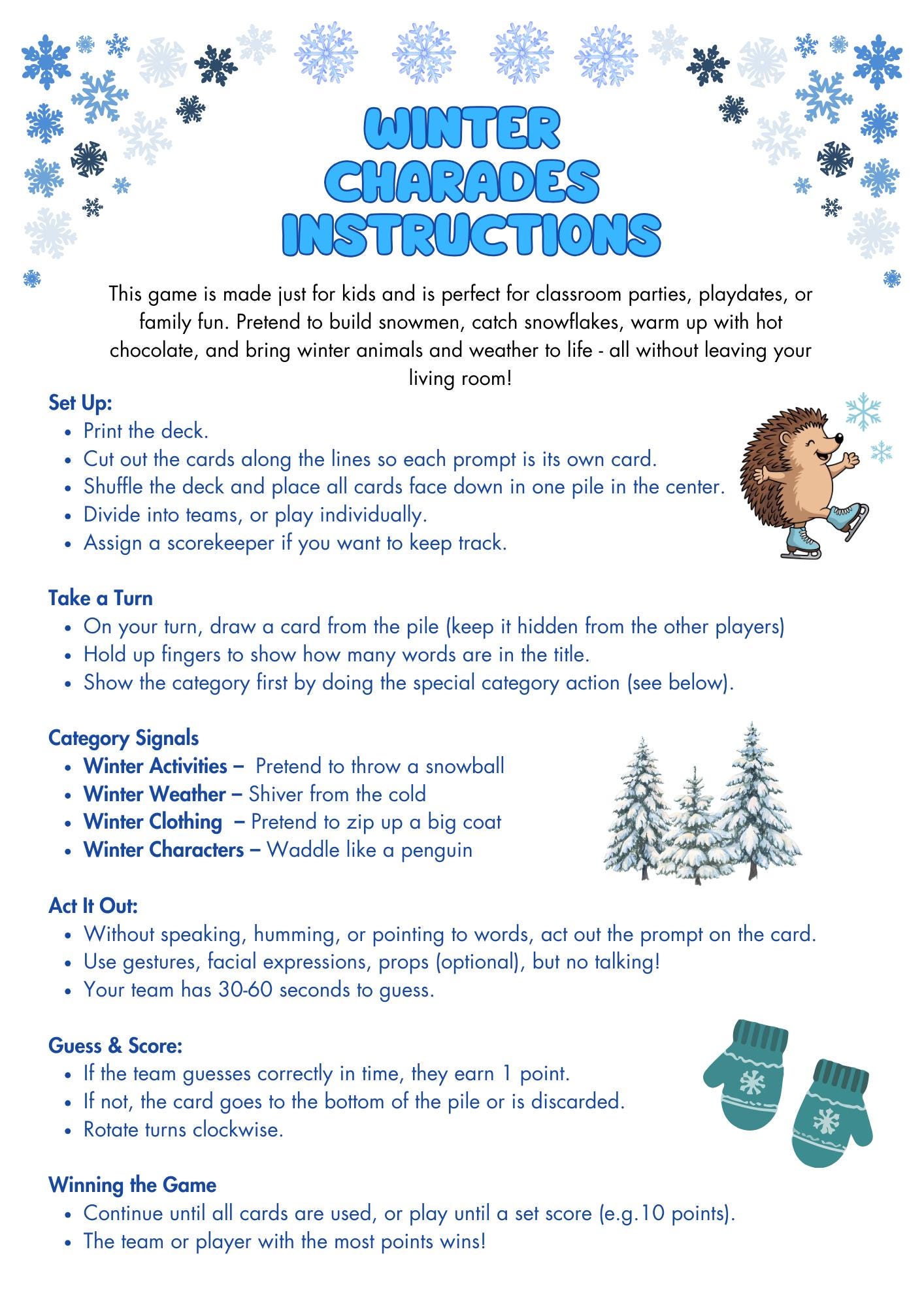 Winter Charades for Kids, Printable Game, Digital Download - Etsy