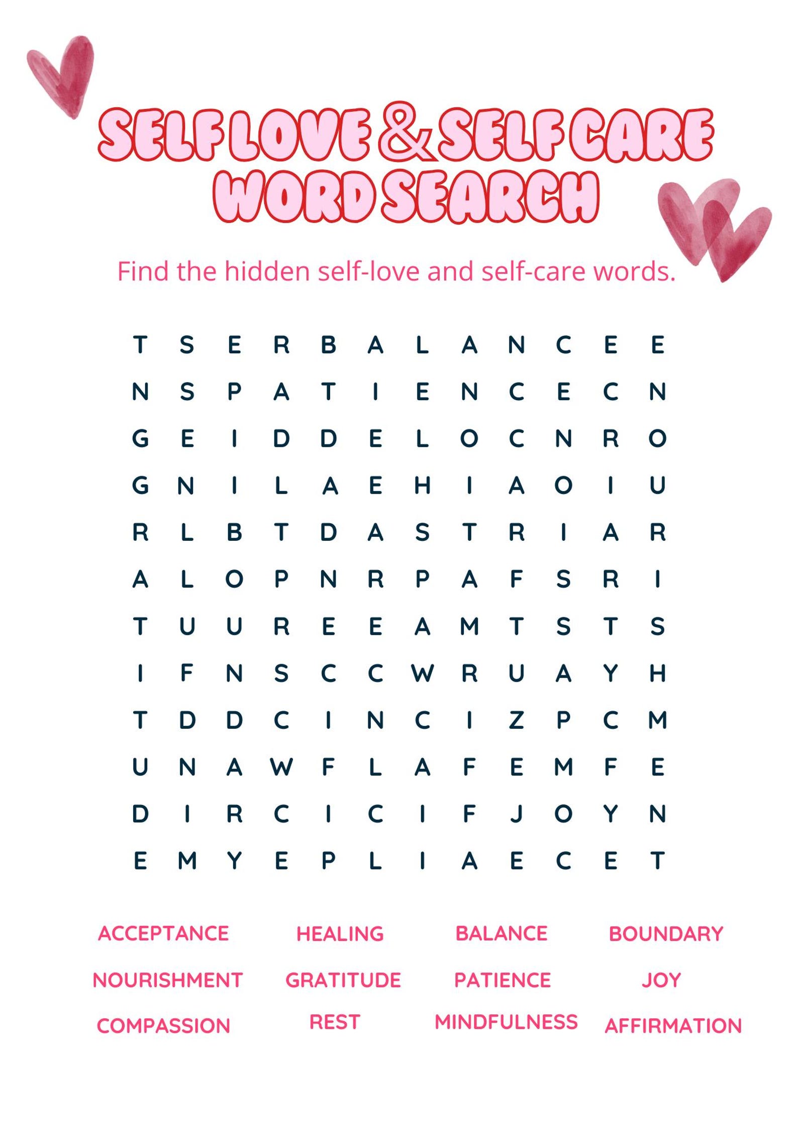 Self Love and Self Care Word Search | Valentine's Day Activity (digital ...