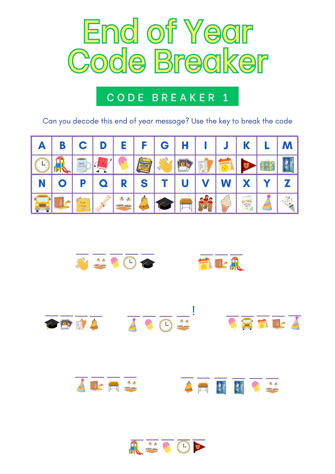 End of Year Code Breaker, Kids Printable, Summer Party Game, Decoder ...