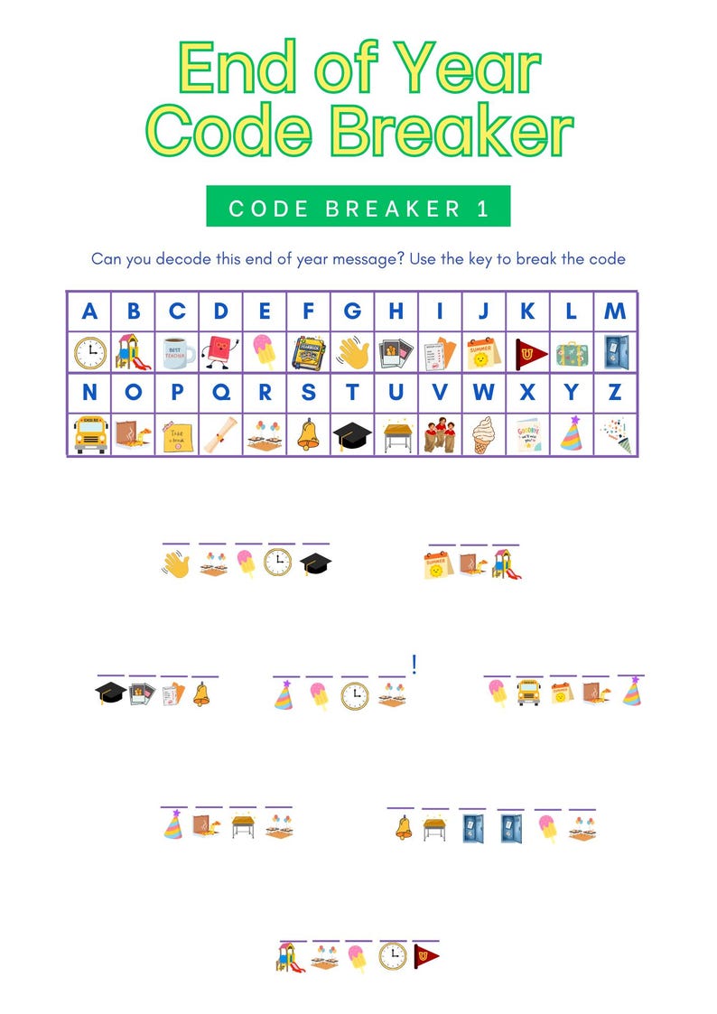 End of Year Code Breaker, Kids Printable, Summer Party Game, Decoder ...