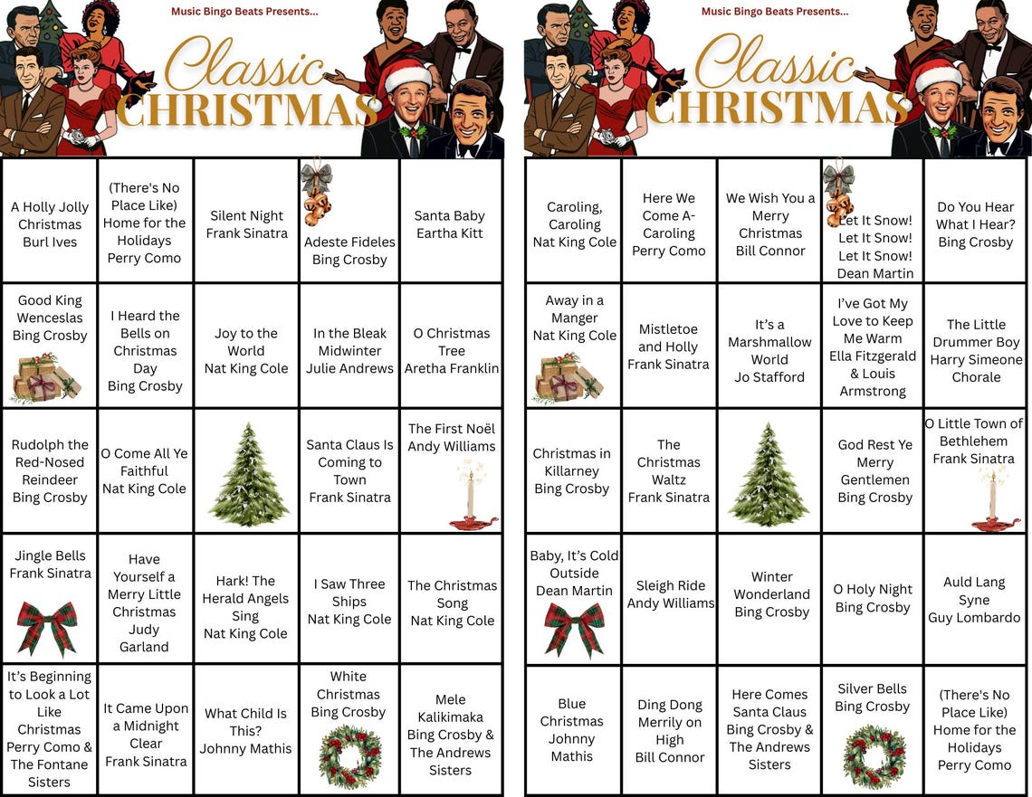 Classic Christmas Music Bingo Printable: 20 Printable Cards, Spotify ...