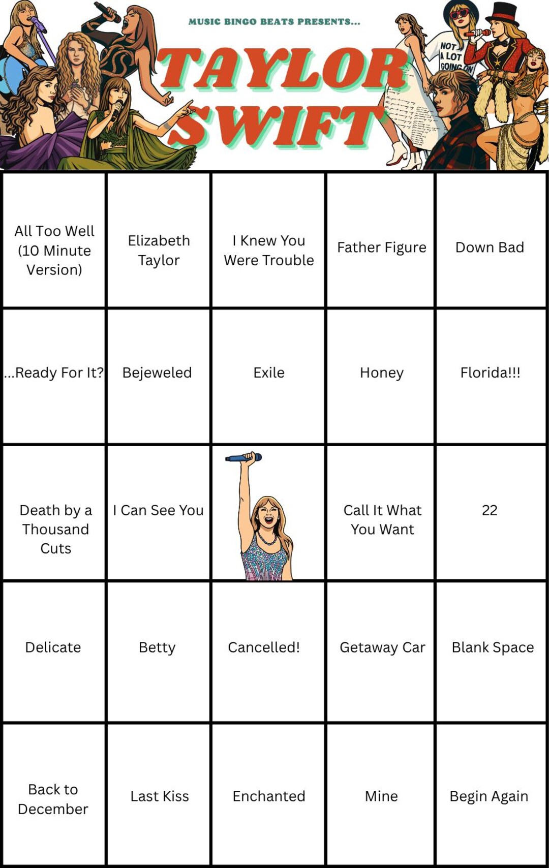 Taylor Swift Music Bingo: 20 Printable Cards, Playlist (digital ...
