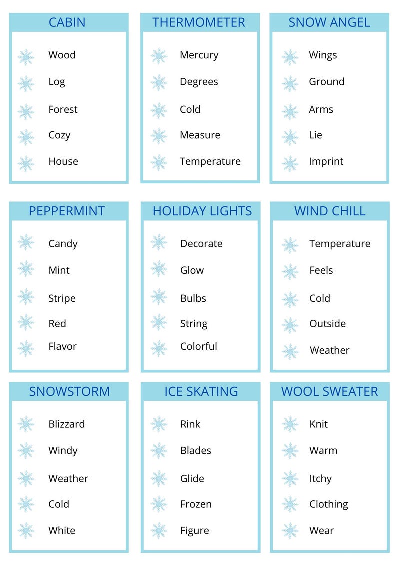 Winter Taboo Game Printable– Family & Kids-friendly Party Game - Etsy