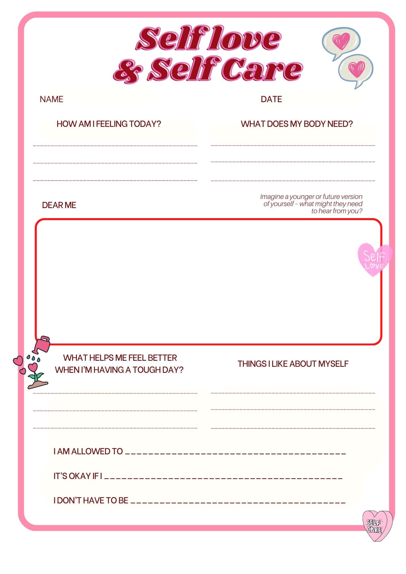 Self Love & Self Care Activity, Printable Worksheet for Kids and Adults ...