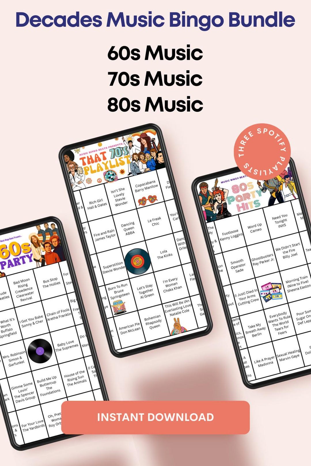 60s 70s 80s Music Bingo Bundle, 60 Printable Cards, Spotify Playlist ...