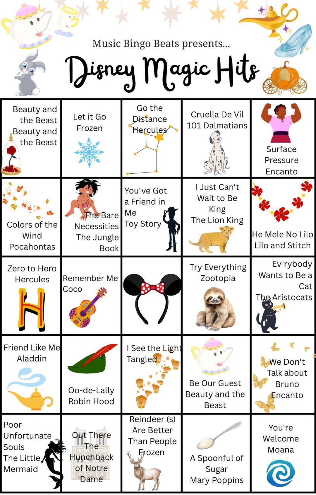 Disney Music Bingo – 20 Printable Cards, Playlist (digital Download) - Etsy