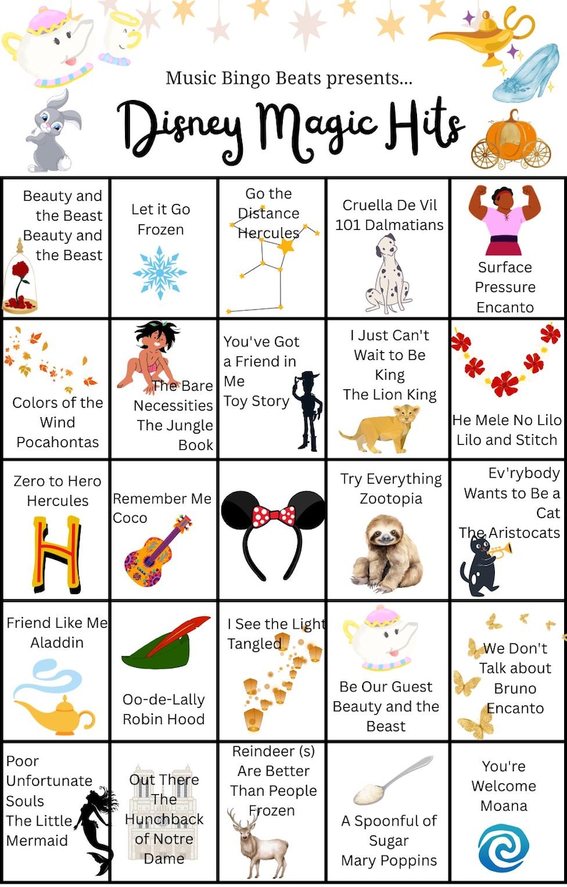 Disney Music Bingo – 20 Printable Cards, Playlist (digital Download) - Etsy