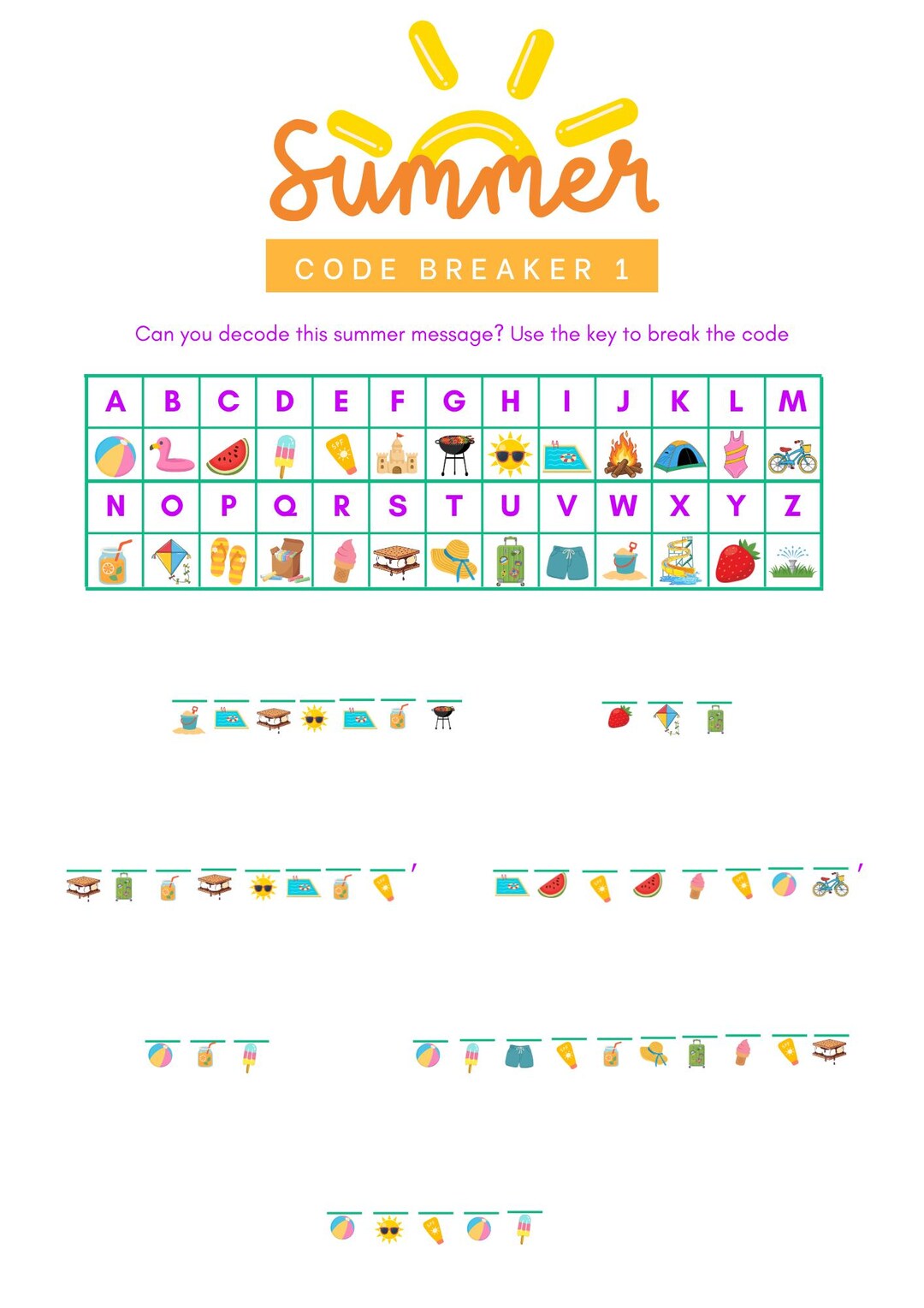 Summer Code Breaker, Kids Printable, Summer Party Game, Decoder ...