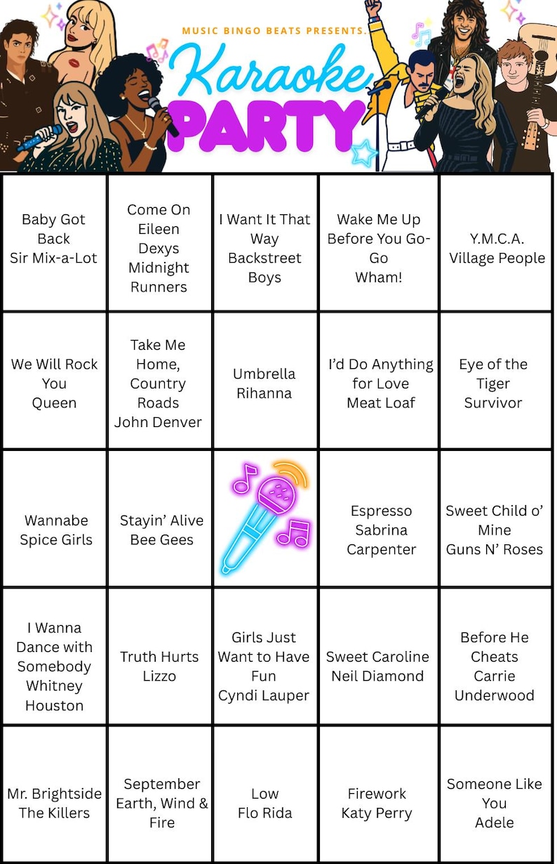 Karaoke Music Bingo: 20 Printable Cards, Spotify Playlist (digital ...