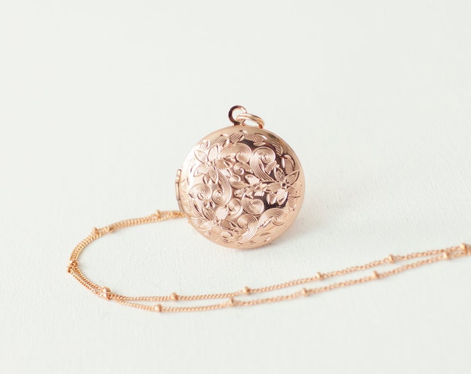Rose Gold Locket Necklace, Heart Locket, Photo Locket Pendant, Etched ...