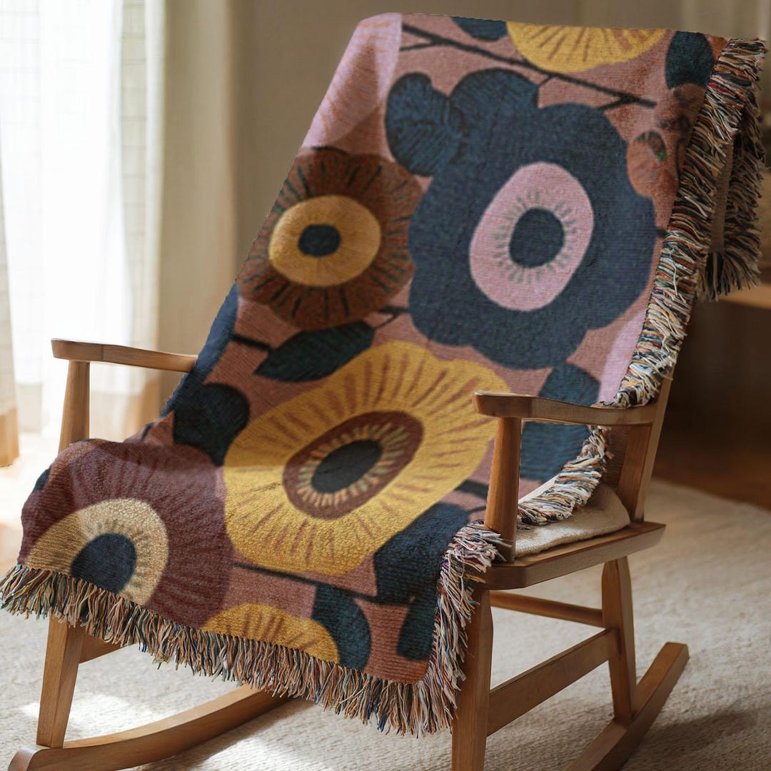 Colorful Scandinavian Woven Throw, Mustard Yellow and Teal Floral ...
