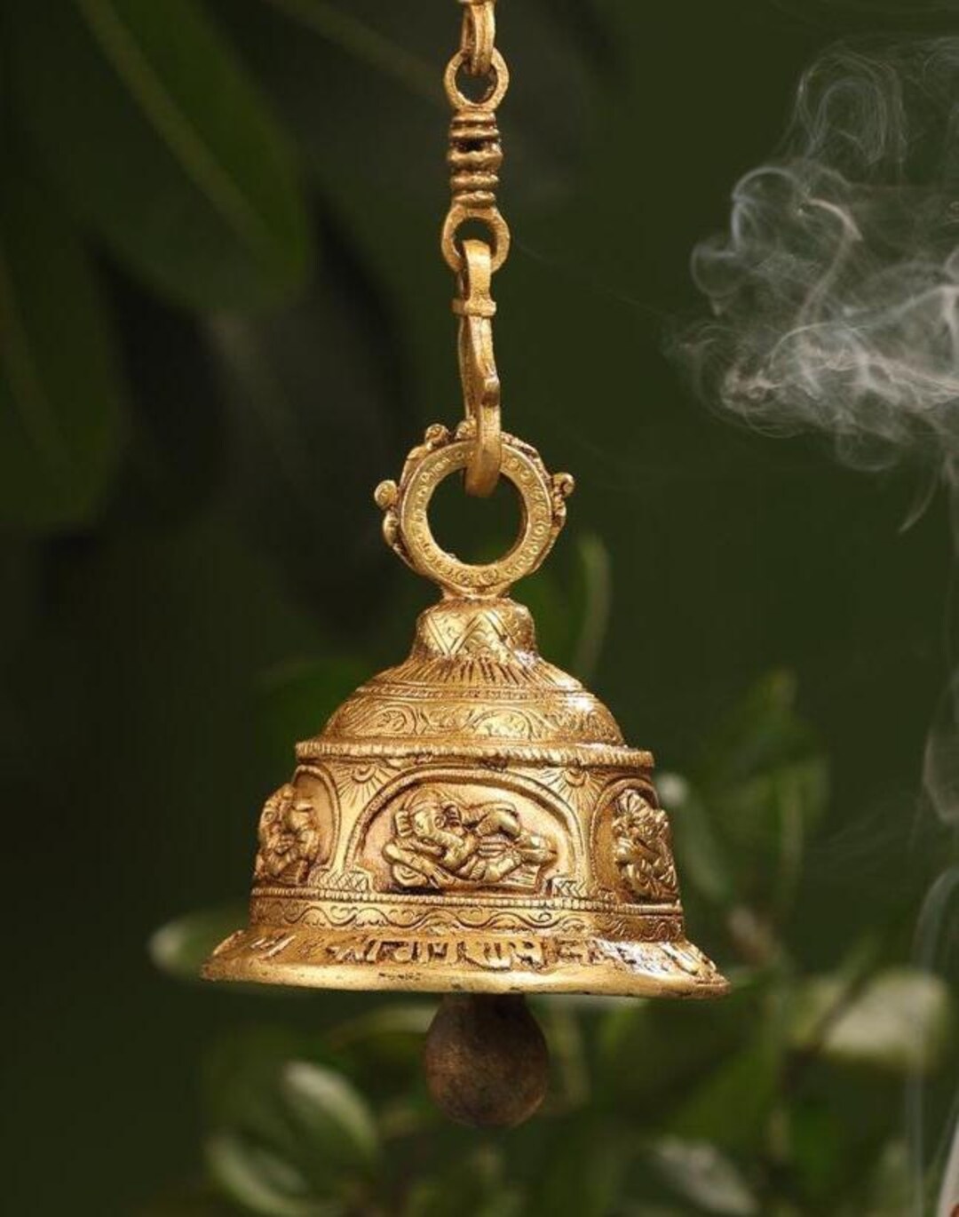Ganesha Brass Hanging Bell, Long Chain Bell for Temple, Door, Hallway ...