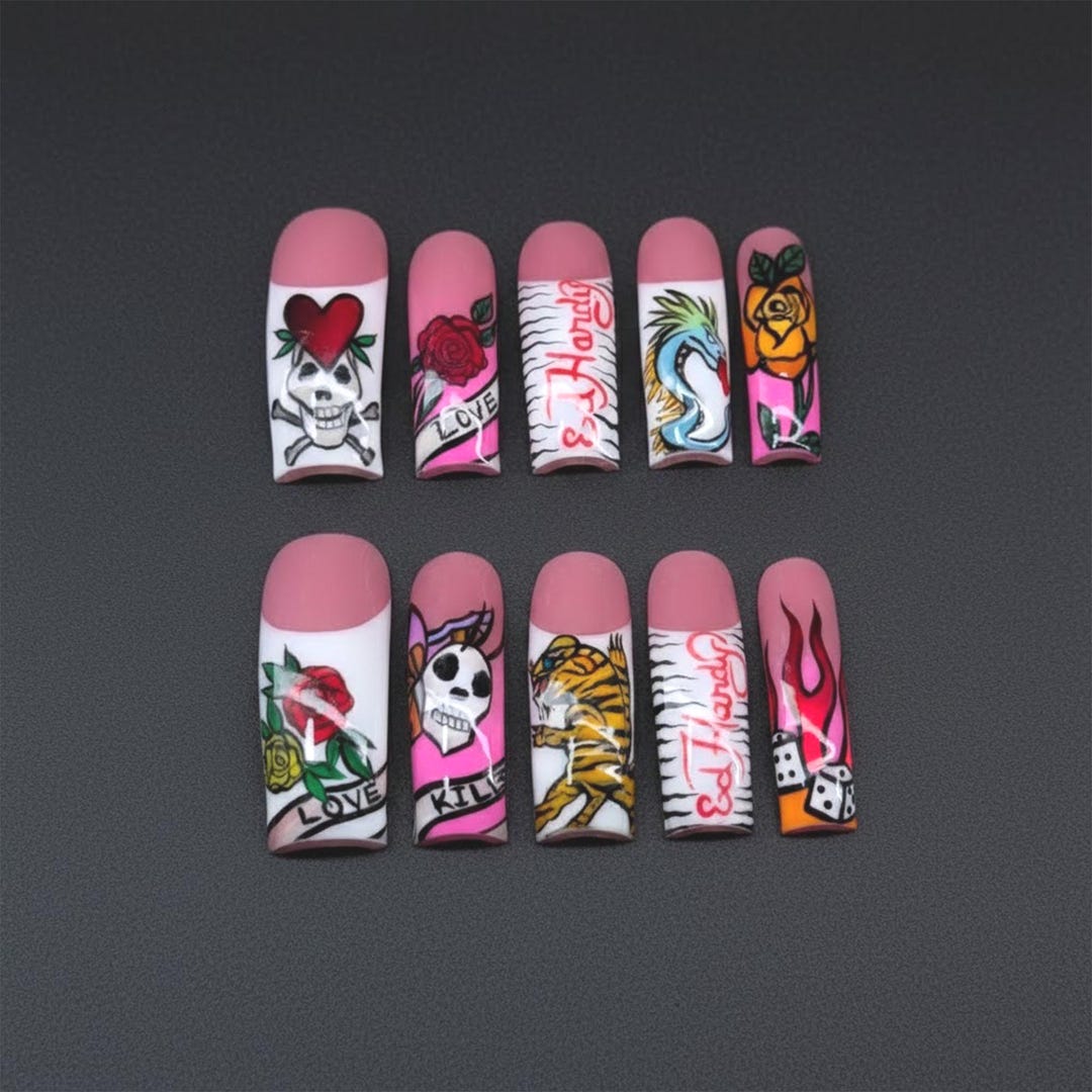 Handmade Ed Hardy Press on Nails | Tattoo Roses, Skulls, Tigers ...