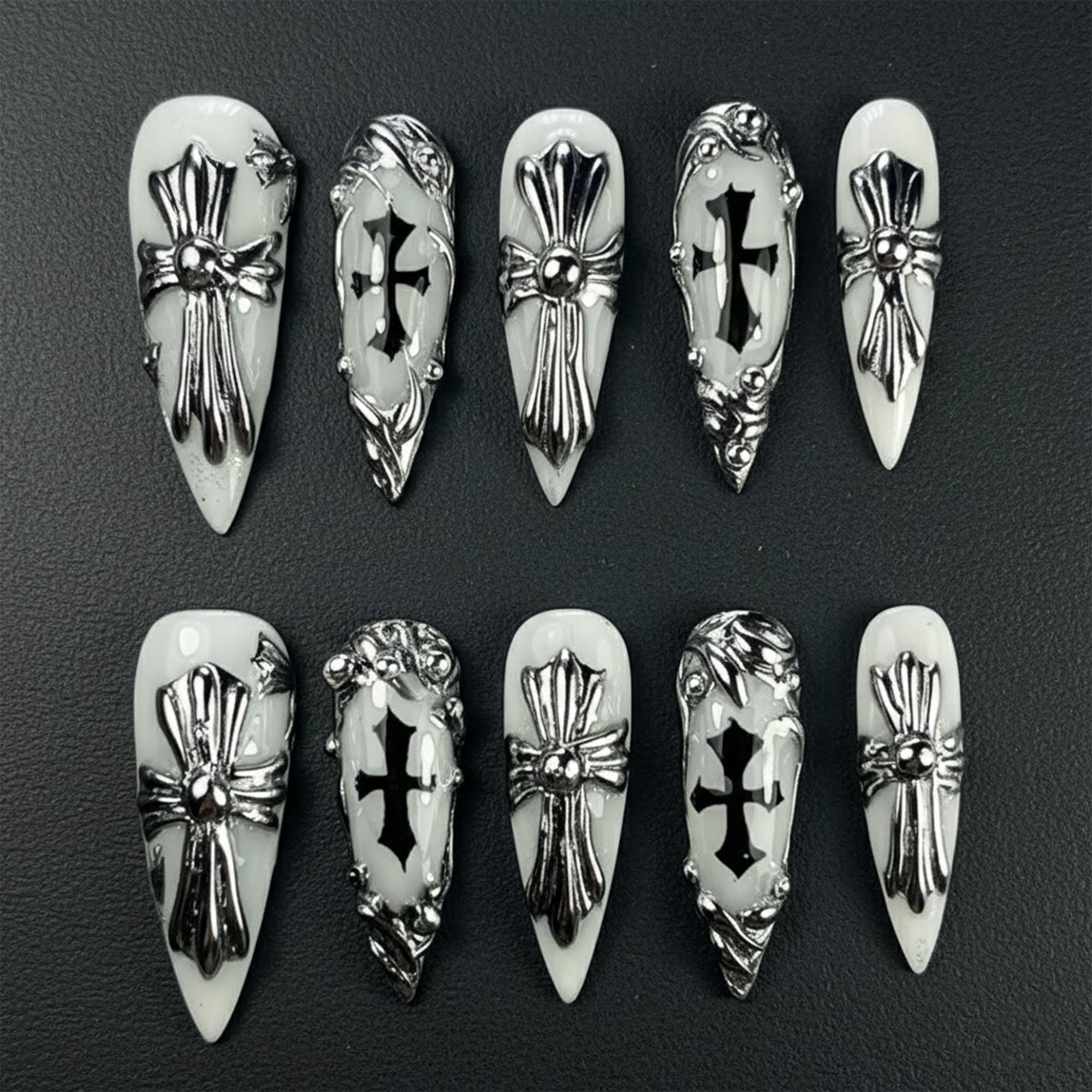Handmade Gothic Cross Press on Nails | Silver Chrome 3D Metal Art - Etsy