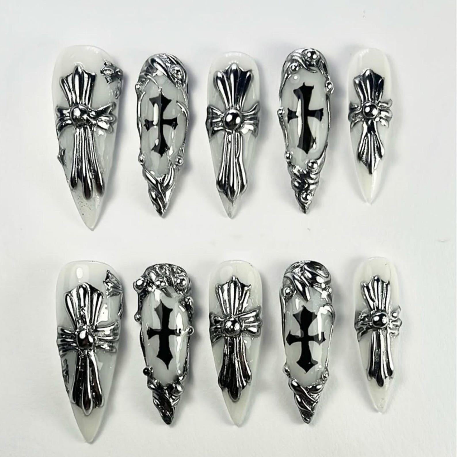 Handmade Gothic Cross Press on Nails | Silver Chrome 3D Metal Art - Etsy