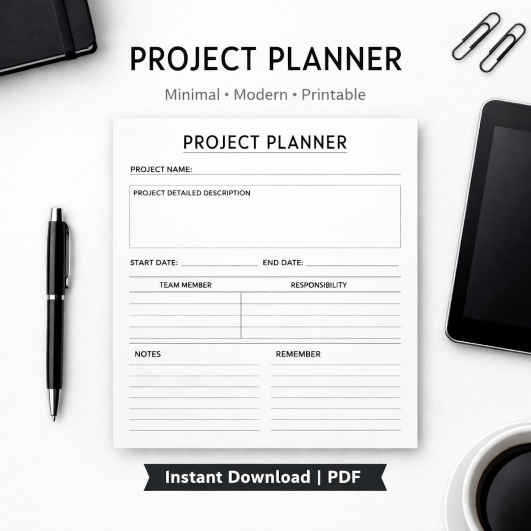 Black & White Project Planner Printable | Minimal Project Management ...