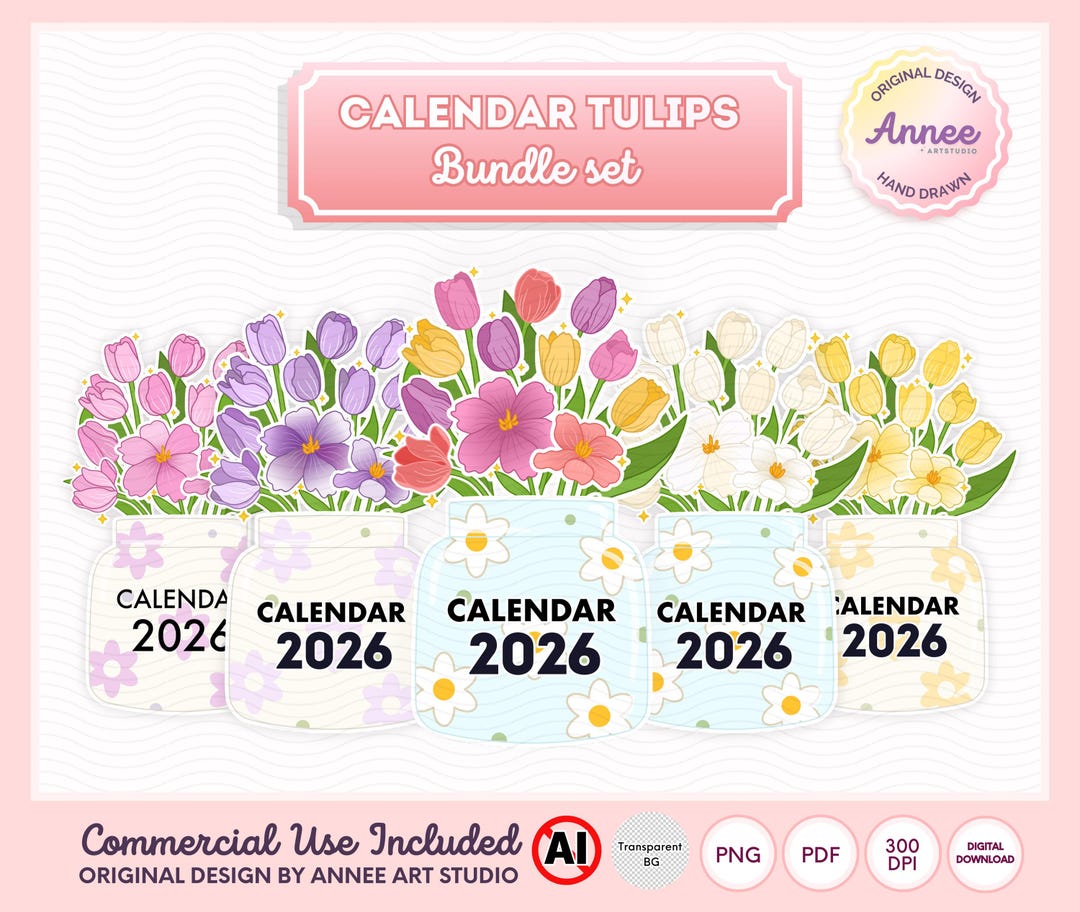 2026 Tulip Calendar Bundle PNG Set | Printable Floral Desk Calendar for ...