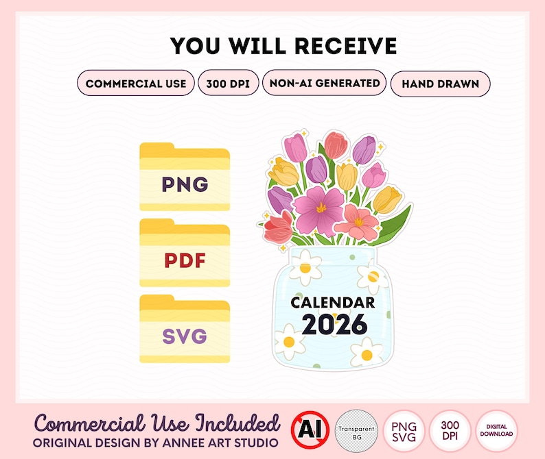 2026 Tulip Flower Printable Calendar PNG | Floral Desk Calendar Cut Out ...