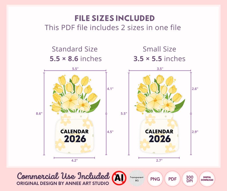2026 Tulip Calendar Bundle PNG Set | Printable Floral Desk Calendar for ...