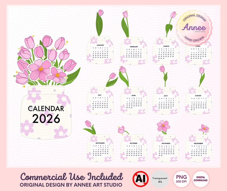2026 Tulip Calendar Bundle PNG Set | Printable Floral Desk Calendar for ...