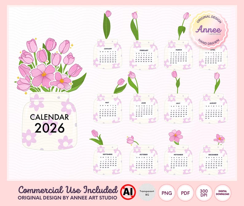 2026 Tulip Calendar Bundle PNG Set | Printable Floral Desk Calendar for ...