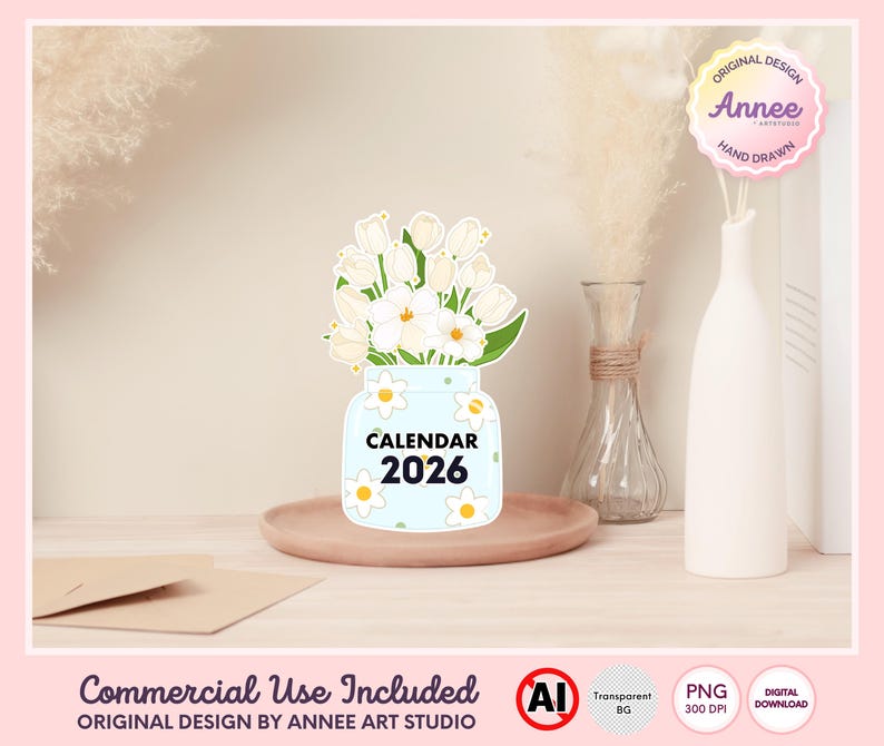 2026 Tulip Calendar Bundle PNG Set | Printable Floral Desk Calendar for ...