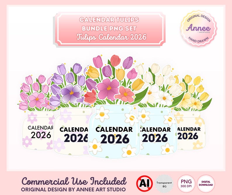 2026 Tulip Calendar Bundle PNG Set | Printable Floral Desk Calendar for ...