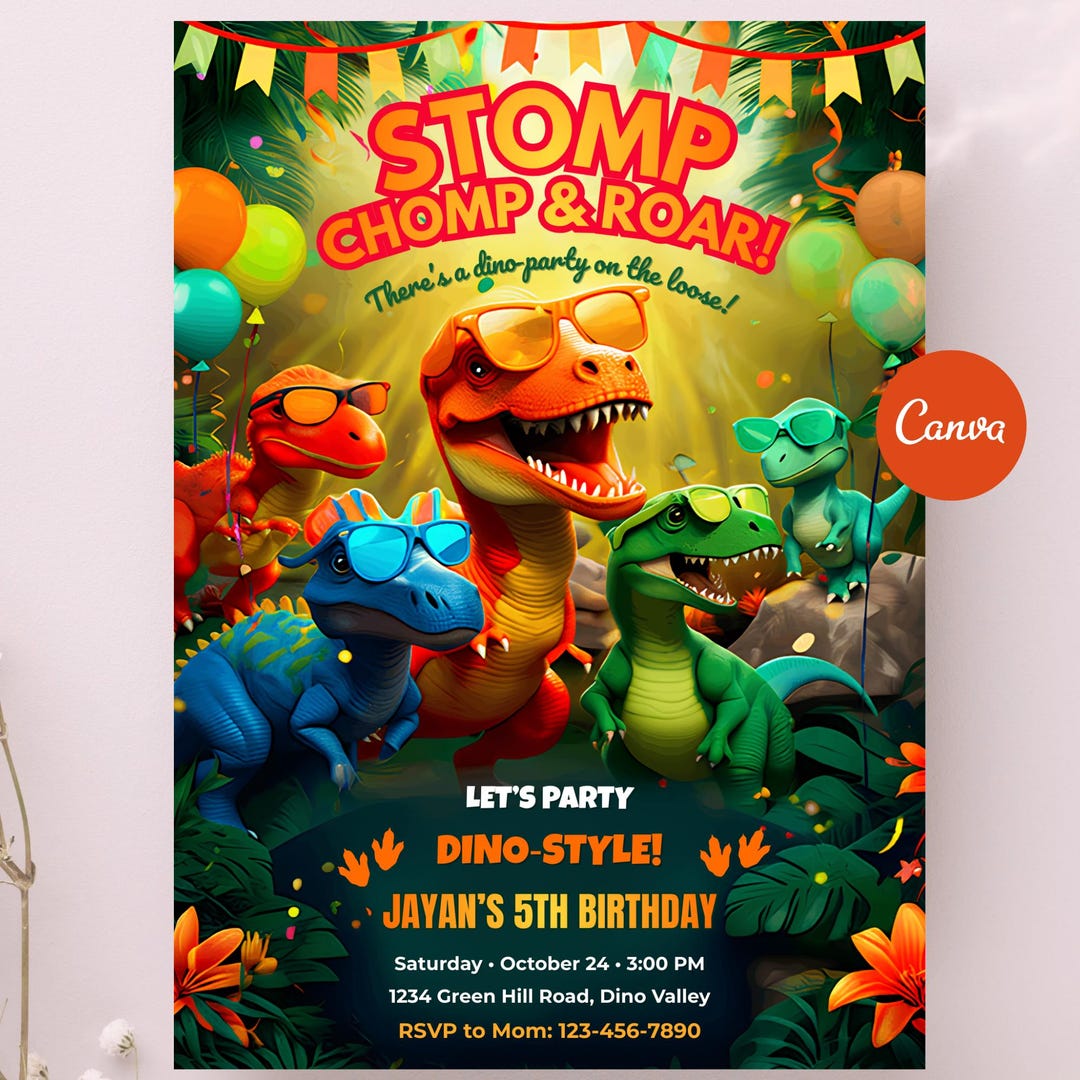 Editable Dinosaur Birthday Party Invitation Canva, Dino‑style T‑rex ...