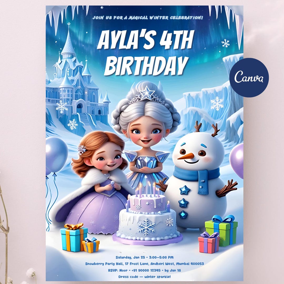 3D Ice Princess Birthday Invitation | Canva Editable Template | Kids ...