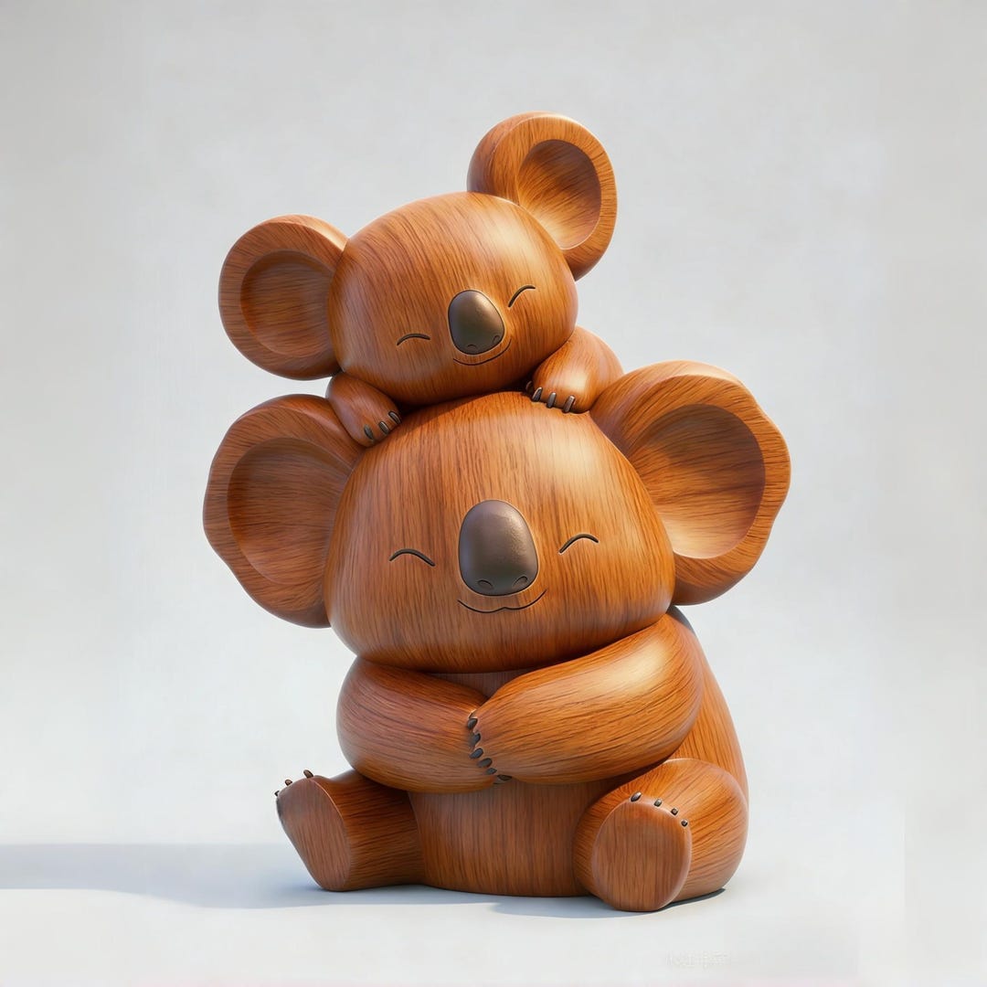 Wooden Koala Statue, Koala Family Sculpture, Hand Carved Wildlife Art ...
