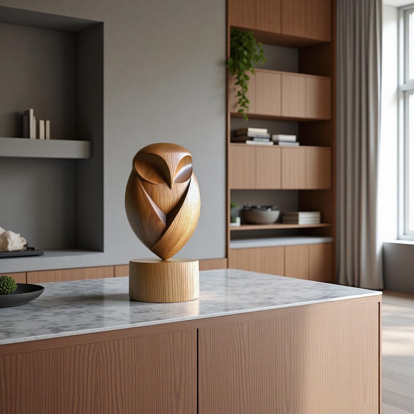 Wooden Owl Sculpture - Minimalist Hand-carved Oak Art | Modern Home ...