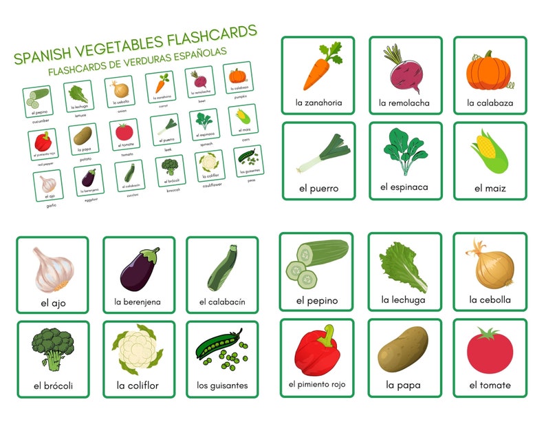 Spanish Vegetables Flashcards - Etsy