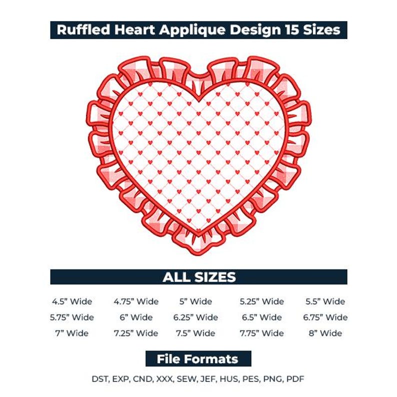 Ruffled Heart Applique Design, 15 Sizes, 10 Formats, Valentines Day ...