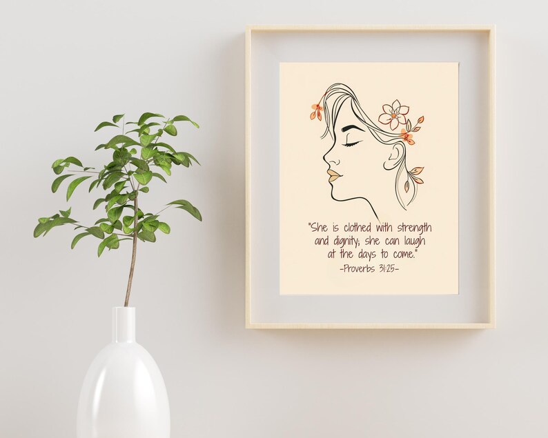 Proverbs 31:25 Floral Line Art Print | Christian Woman Scripture ...
