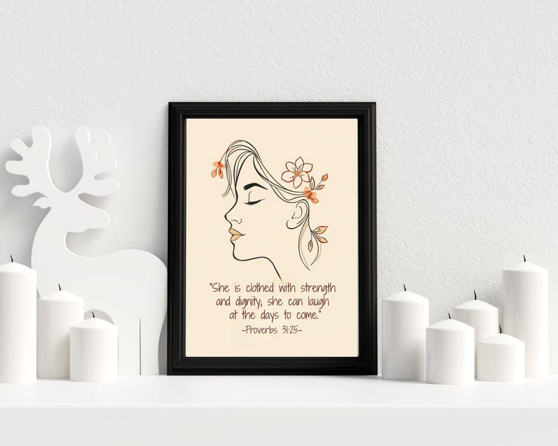 Proverbs 31:25 Floral Line Art Print | Christian Woman Scripture ...