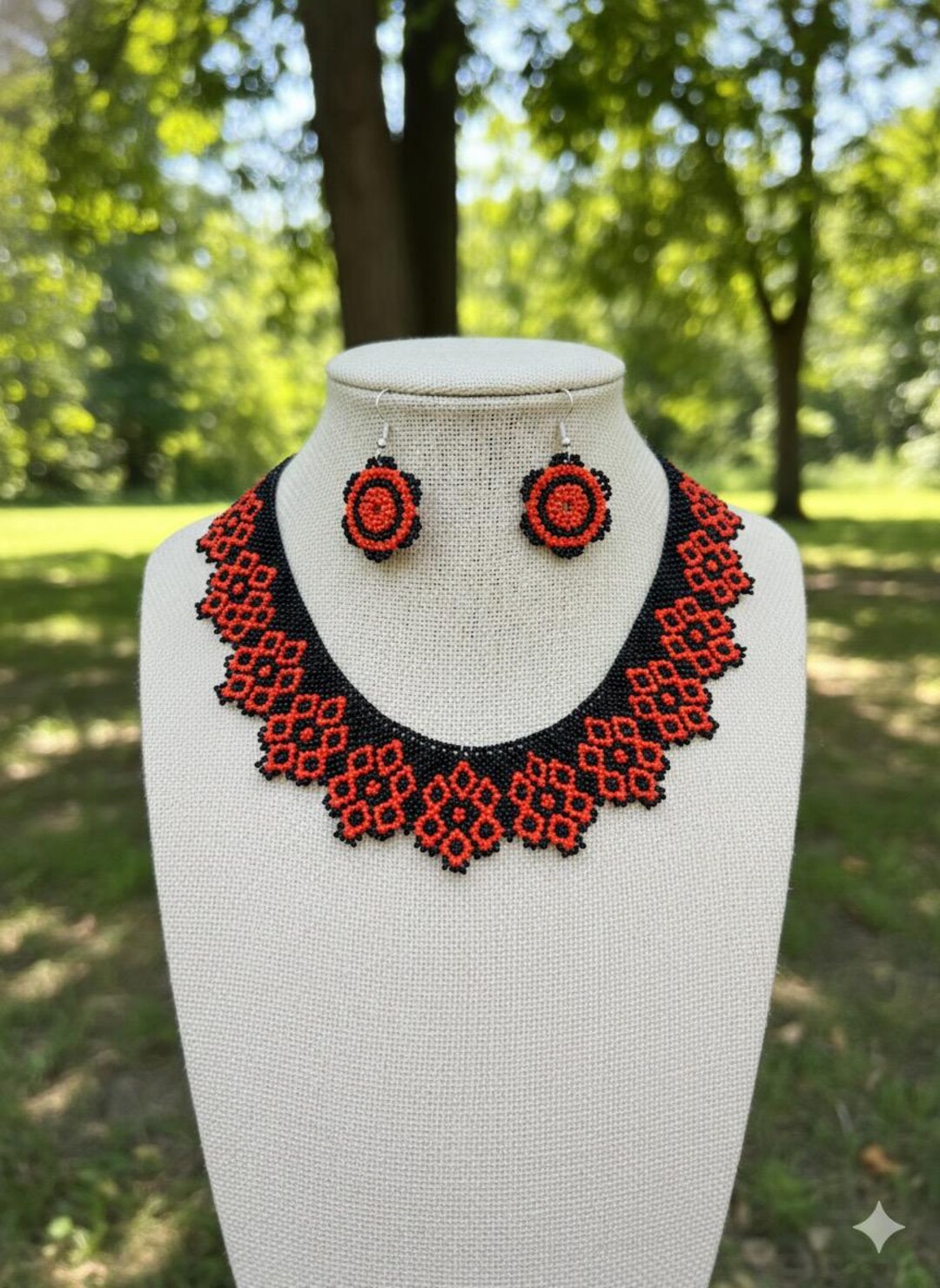 Handmade Red & Black Seed Bead Necklace Earrings Set | Boho Choker - Etsy
