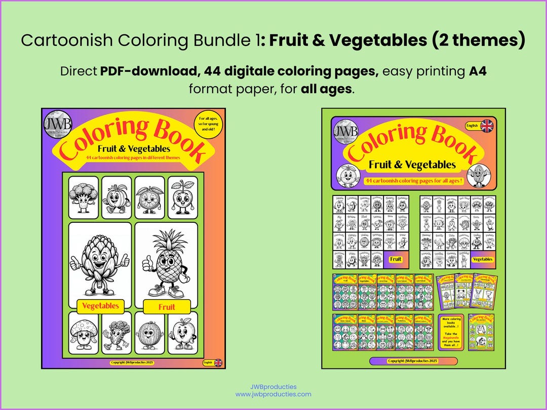 Fruit and Vegetable Coloring Book Bundle Printable 44 Coloring Pages A4 ...
