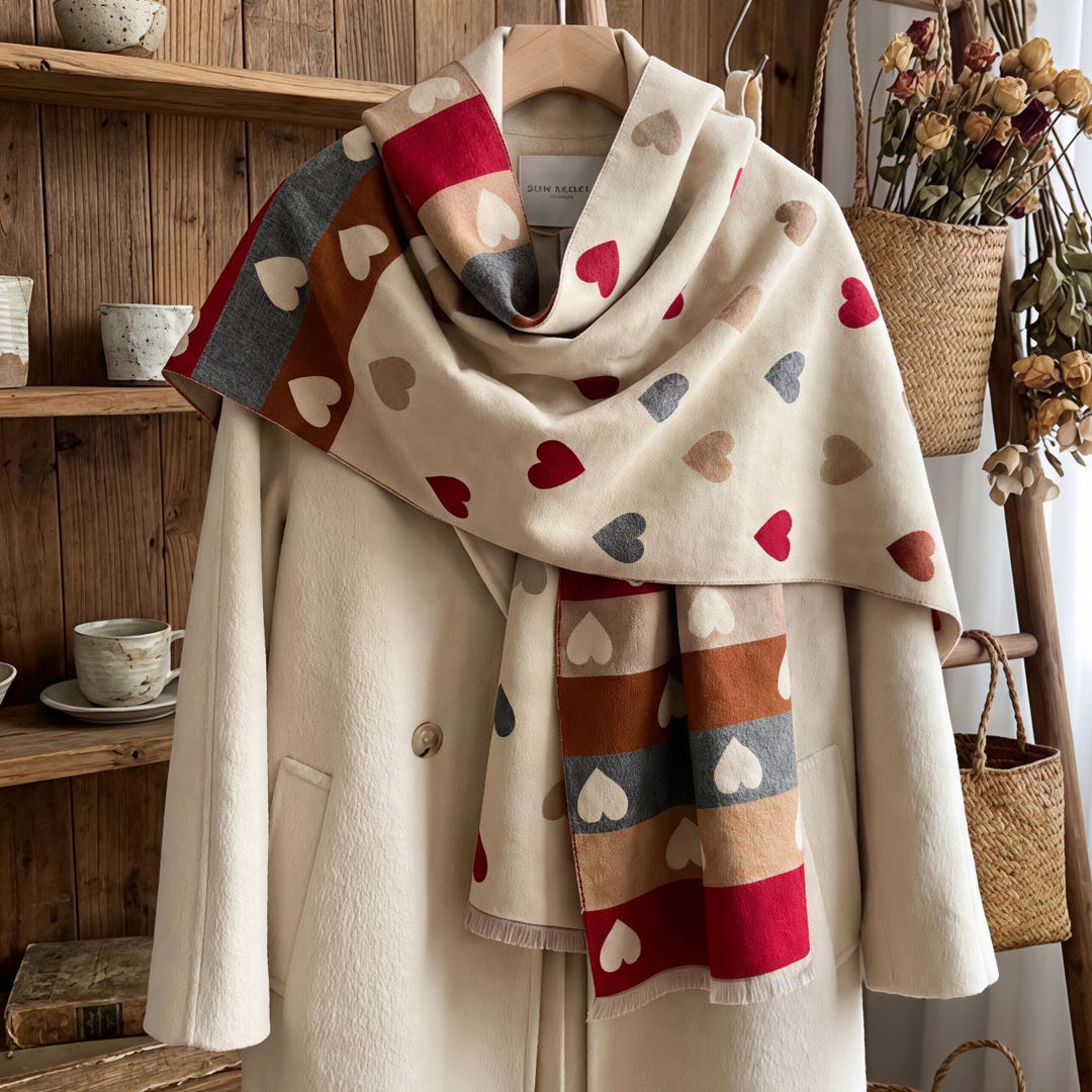 Heart Print Scarf, Soft Faux Cashmere Shawl, Adorable Valentine's Day ...