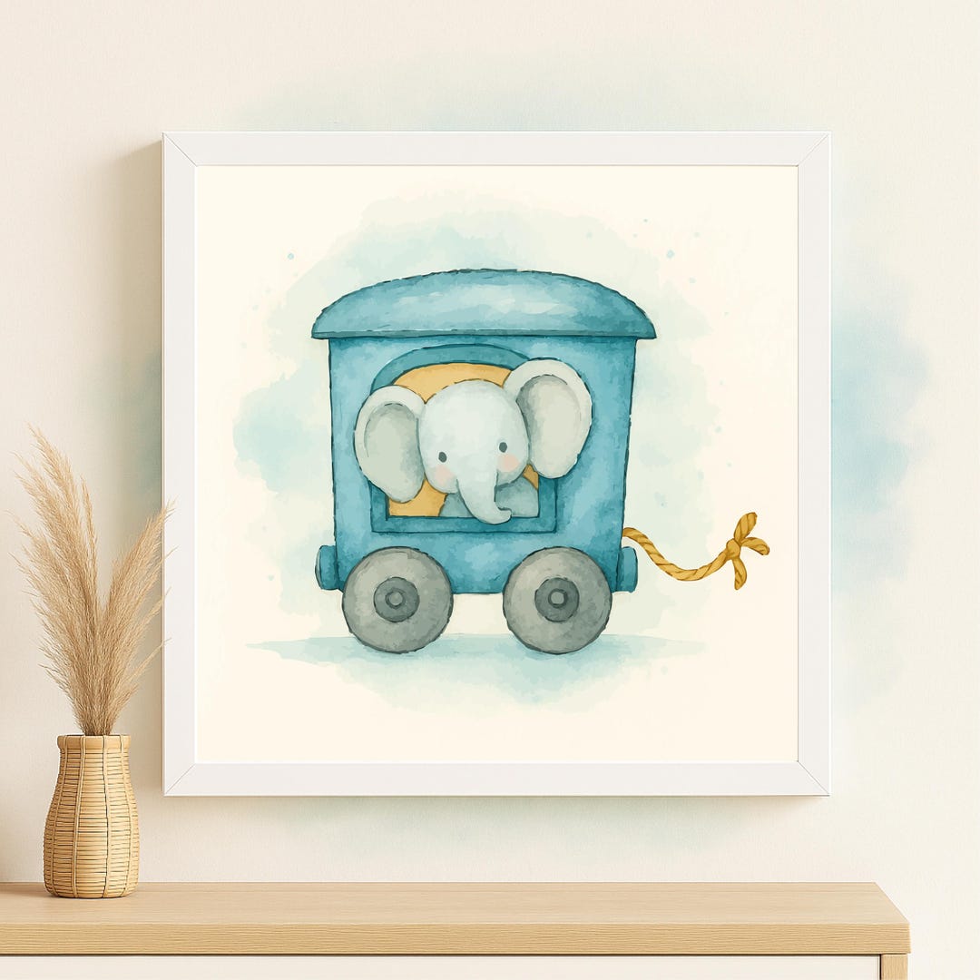 Watercolor Elephant Train Wagon Print: Nursery Kids Room Decor (digital ...