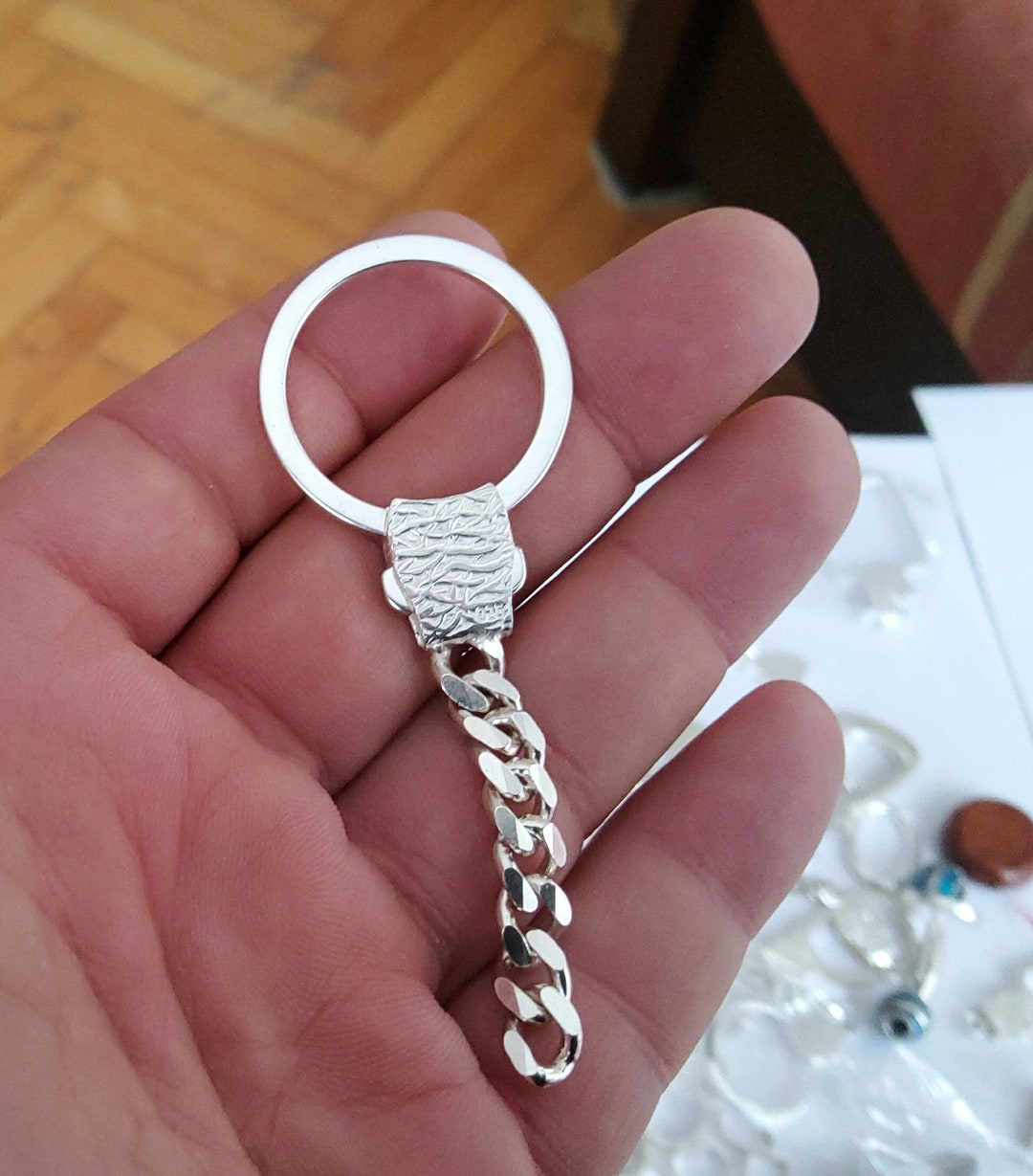 1 Solid Sterling Silver Pattern 925 KEY CHAIN RING Curb Chain Beads ...