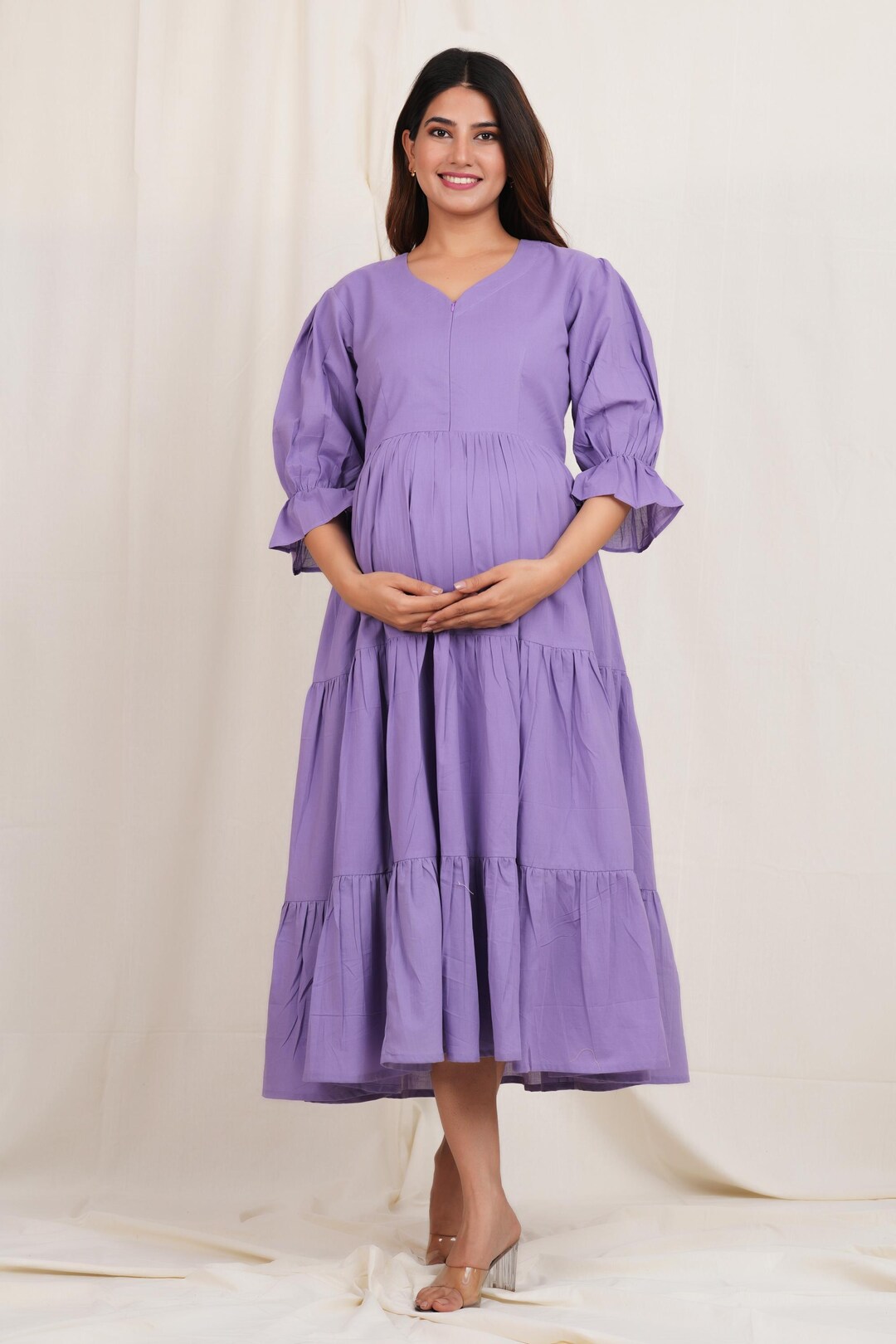Maternity Gown With Breast Feeding Zip Access Postpartum Dress Nursing ...