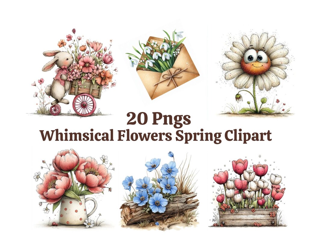 Whimsical Spring Flowers Clipart Bundle | Cute Bunny Floral PNG ...