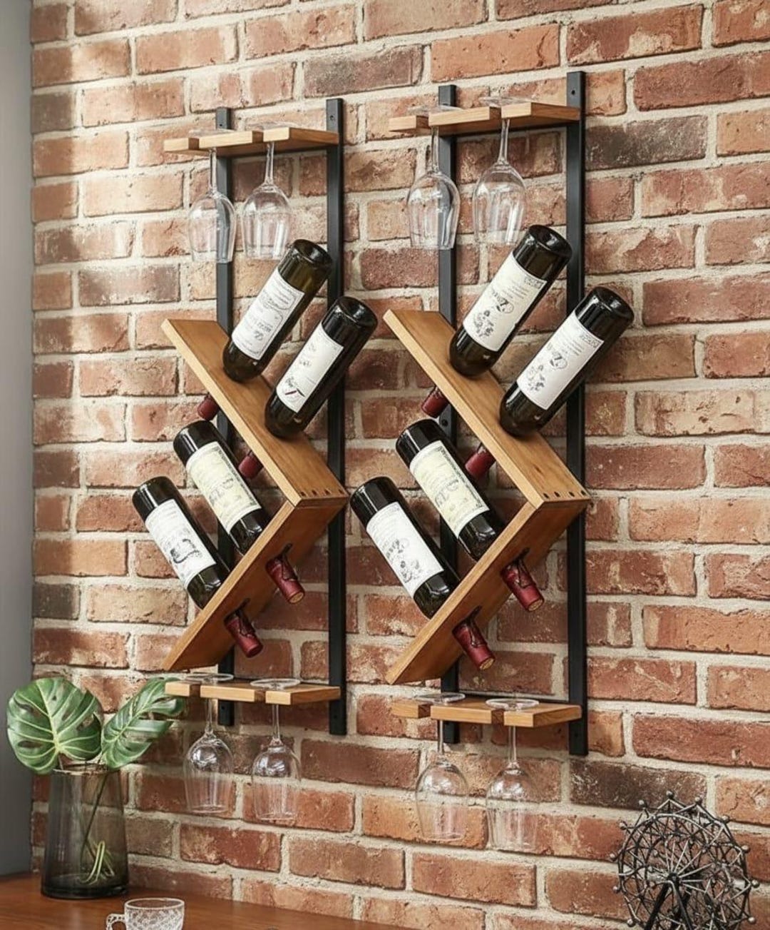 Wall Mounted Wine Bottle and Glass Caddy, Wooden Portable Rustic Wine ...