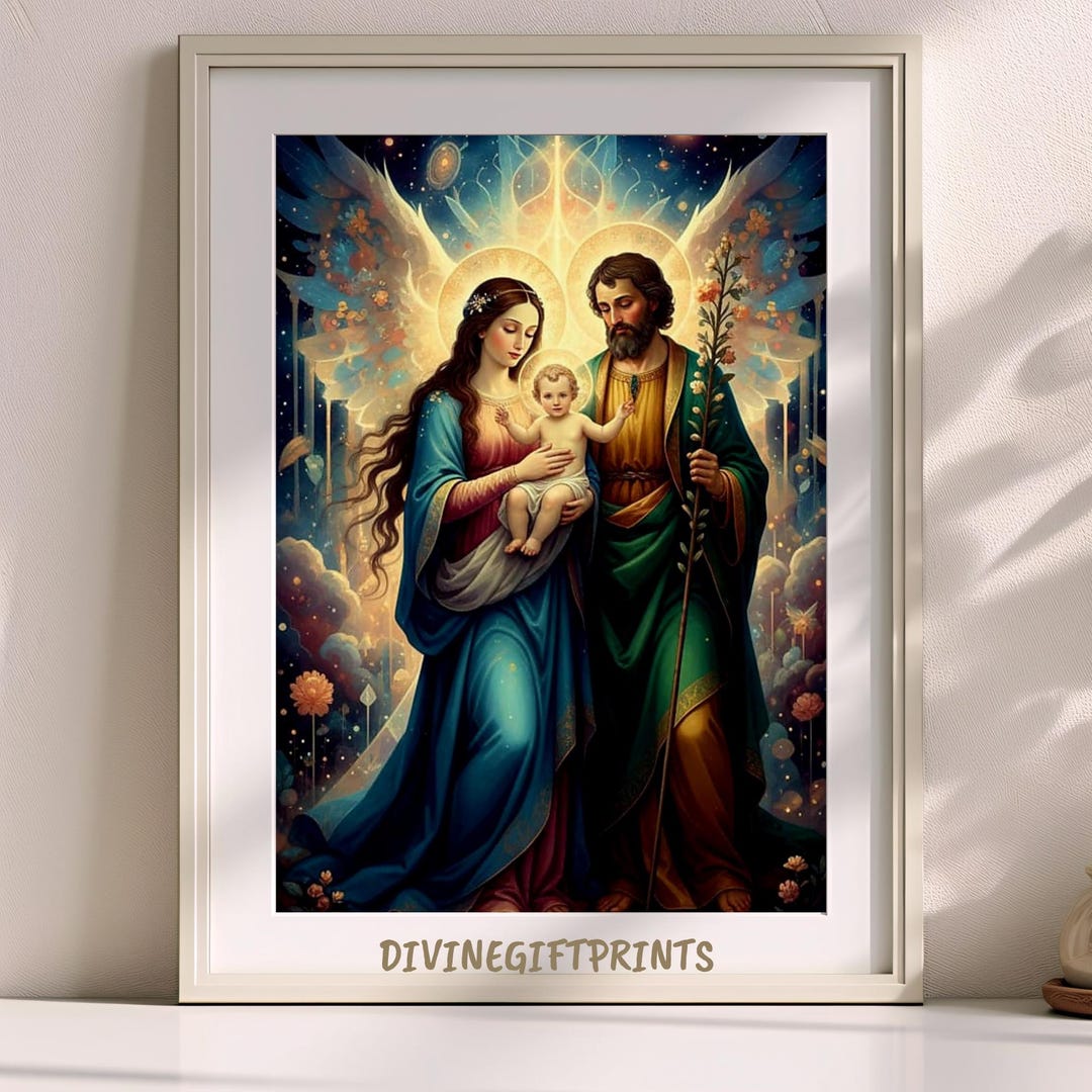 Holy Family Angel Wings Art, Virgin Mary Joseph Baby Jesus Print ...